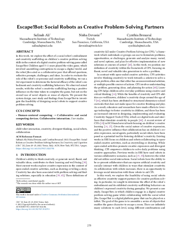 (PDF) Escape!Bot: Social Robots as Creative Problem-Solving Partners