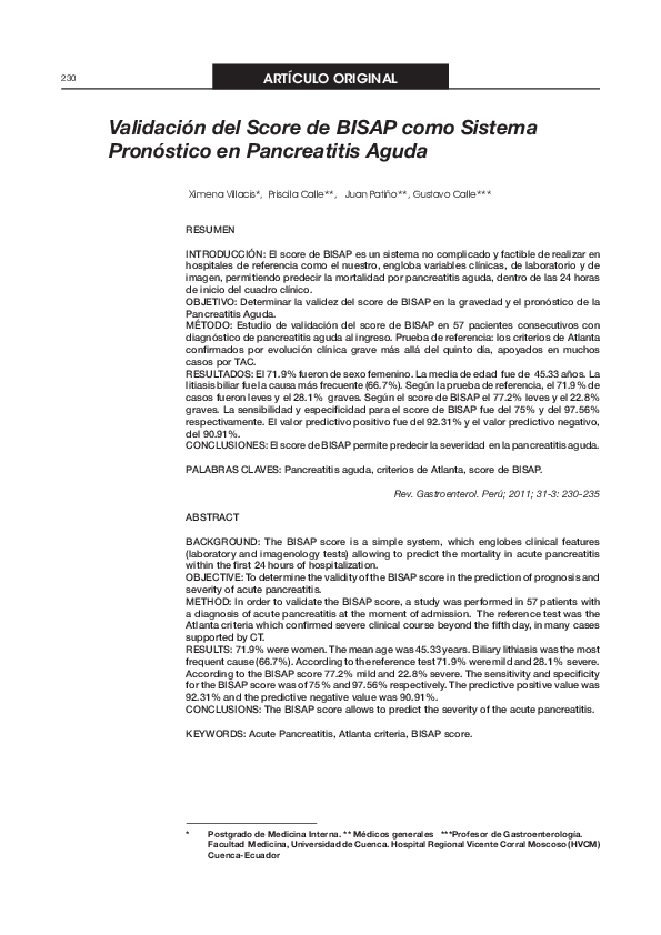 (PDF) [Score BISAP validation as a prognostic system in acute pancreatitis]