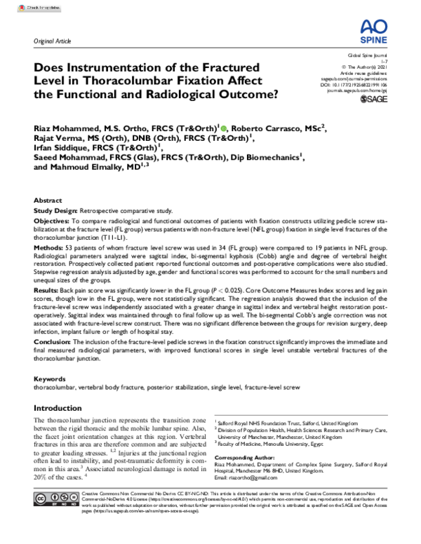 (PDF) Does Instrumentation of the Fractured Level in Thoracolumbar ...