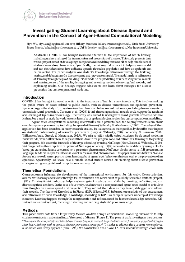 (PDF) Investigating Student Learning about Disease Spread and Prevention in the Context of Agent ...