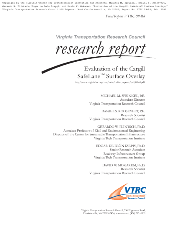 Evaluation of the Cargill SafeLane surface overlay