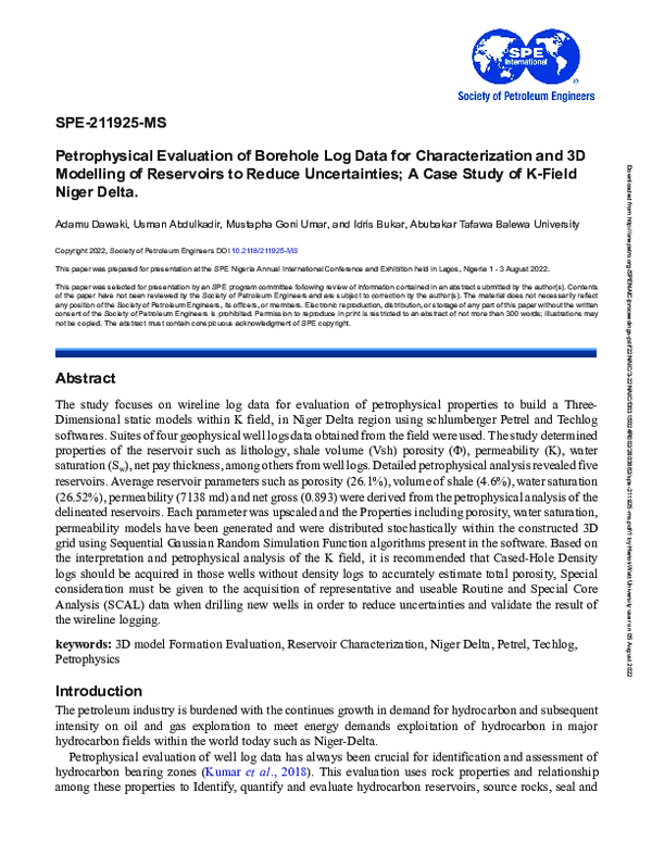 (PDF) Petrophysical Evaluation of Borehole Log Data for Characterization and 3D Modelling of ...
