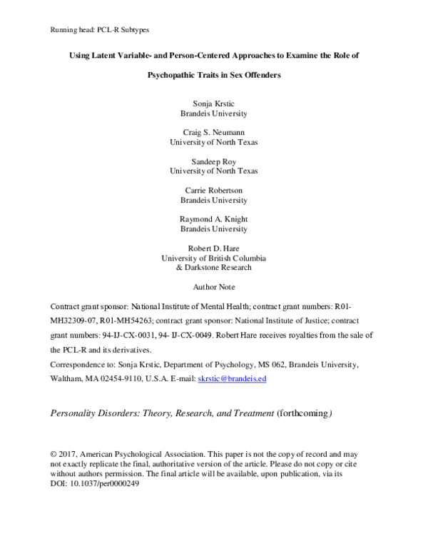 (PDF) Examining Psychopathic Traits in Sex Offenders' Subtypes