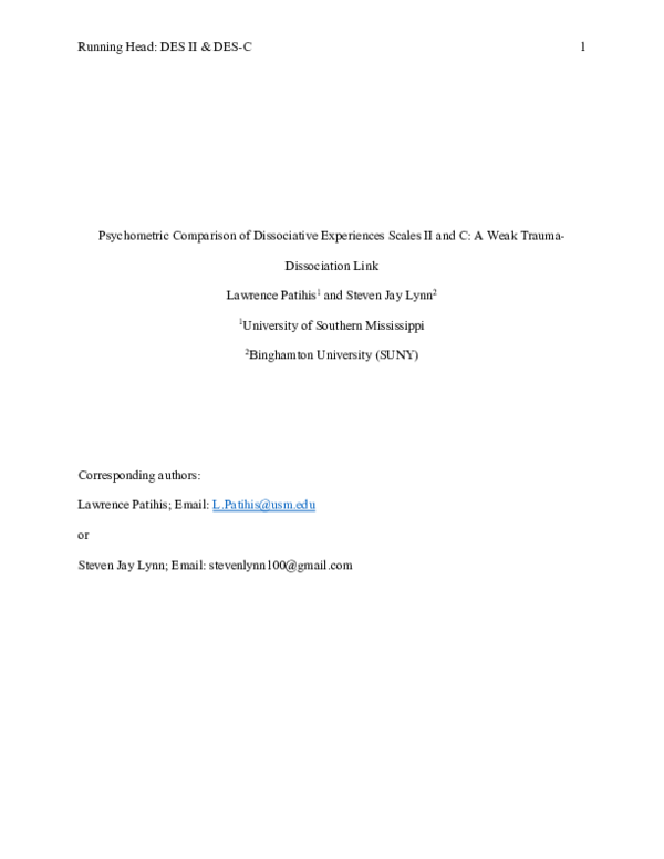 (PDF) Psychometric Comparison of Dissociative Experiences Scales II and ...