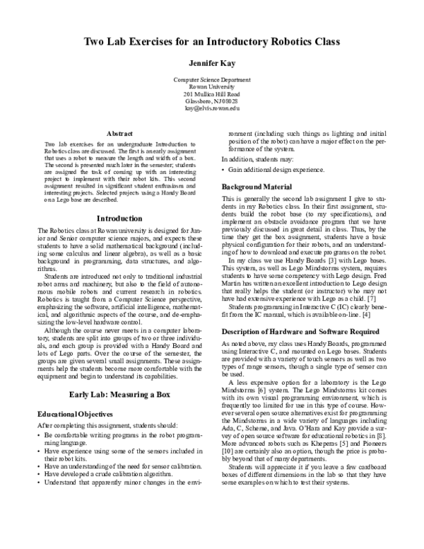 (PDF) Two Lab Exercises for an Introductory Robotics Class
