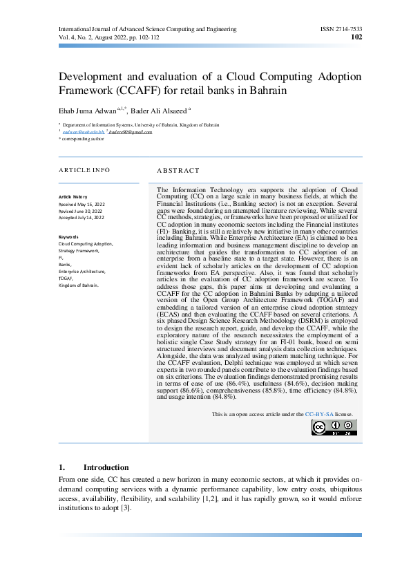 (PDF) Development and evaluation of a Cloud Computing Adoption Framework (CCAFF) for retail ...
