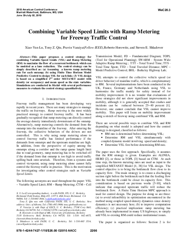 Pdf Combining Variable Speed Limits With Ramp Metering For Freeway
