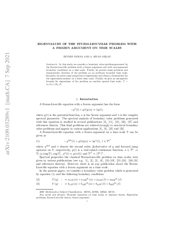 (PDF) Eigenvalues of the Sturm-Liouville problem with a frozen argument on time scales