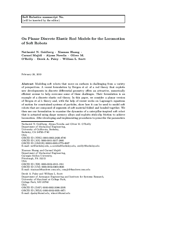 Pdf On Planar Discrete Elastic Rod Models For The Locomotion Of Soft Robots