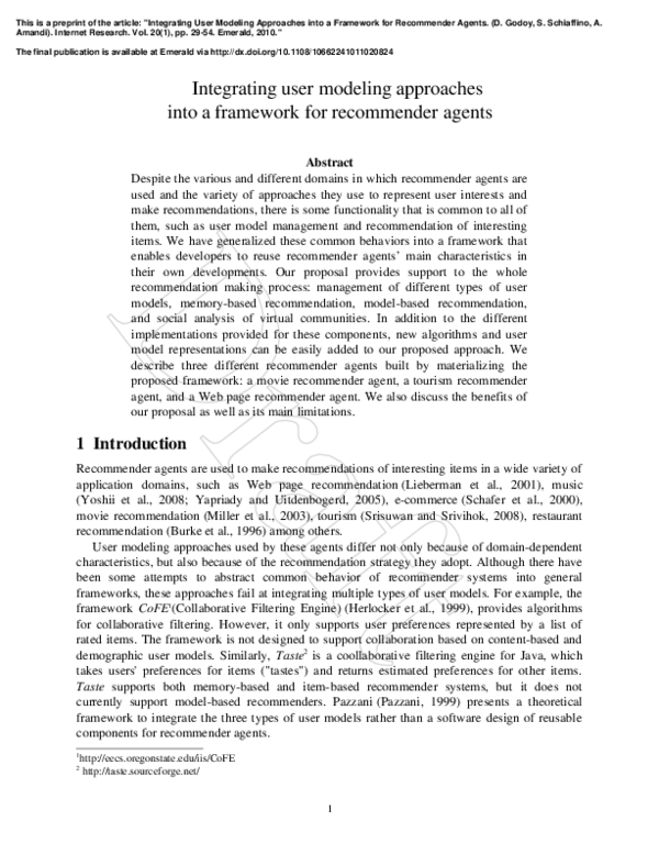 Pdf Integrating User Modeling Approaches Into A Framework For Recommender Agents