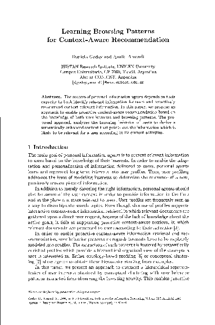 (PDF) Learning Browsing Patterns for Context-Aware Recommendation | Daniela Godoy - Academia.edu