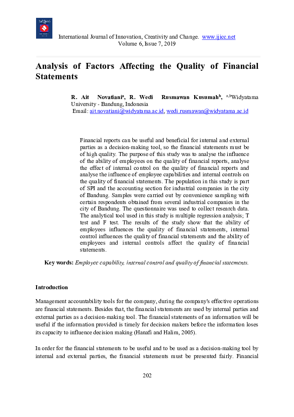 (PDF) Analysis of Factors Affecting the Quality of Financial Statements