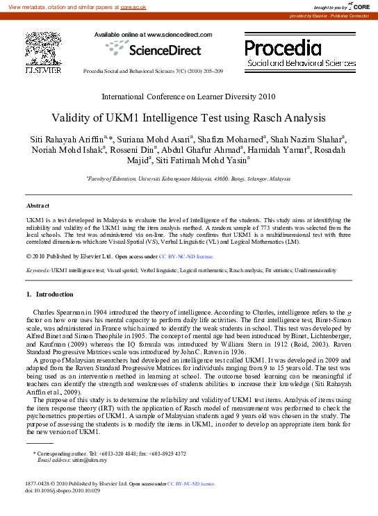 (PDF) Validity of UKM1 Intelligence Test using Rasch Analysis
