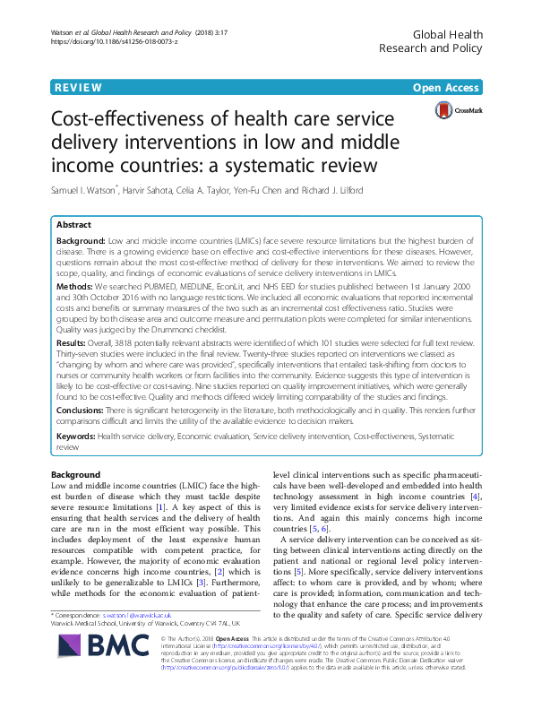 (PDF) Cost-effectiveness of health care service delivery interventions ...