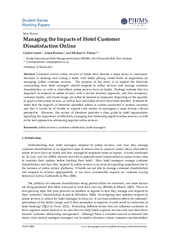 (PDF) Managing the Impacts of Hotel Customer Dissatisfaction Online