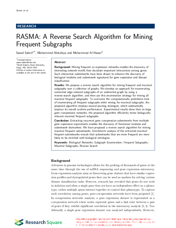 (PDF) RASMA: A Reverse Search Algorithm for Mining Frequent Subgraphs