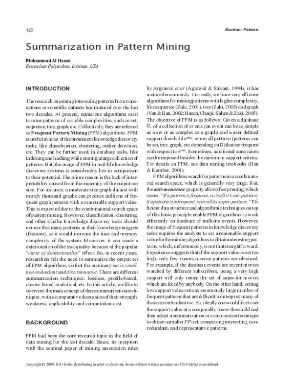 (PDF) Summarization in Pattern Mining
