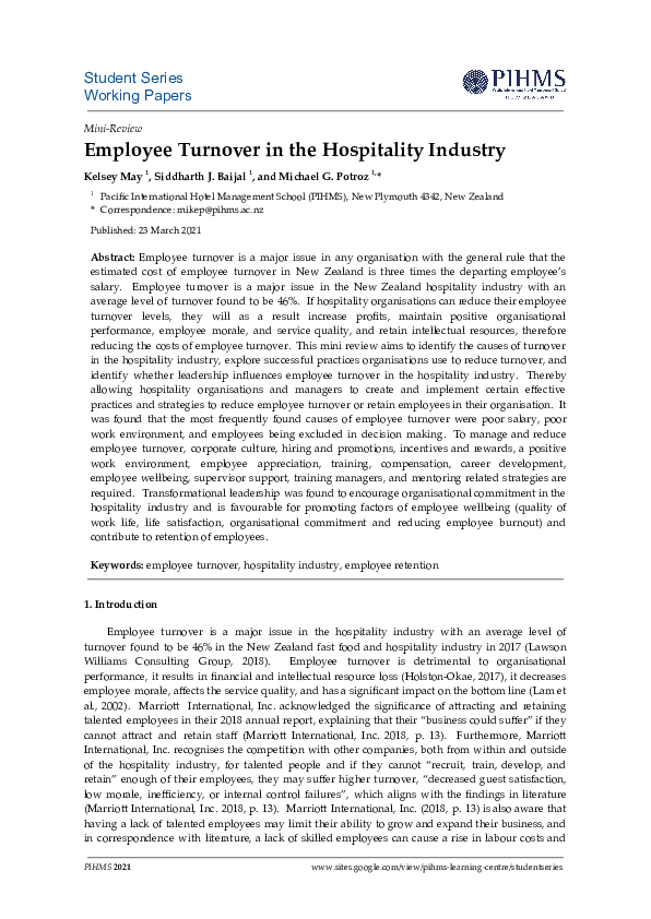 (PDF) Employee Turnover in the Hospitality Industry