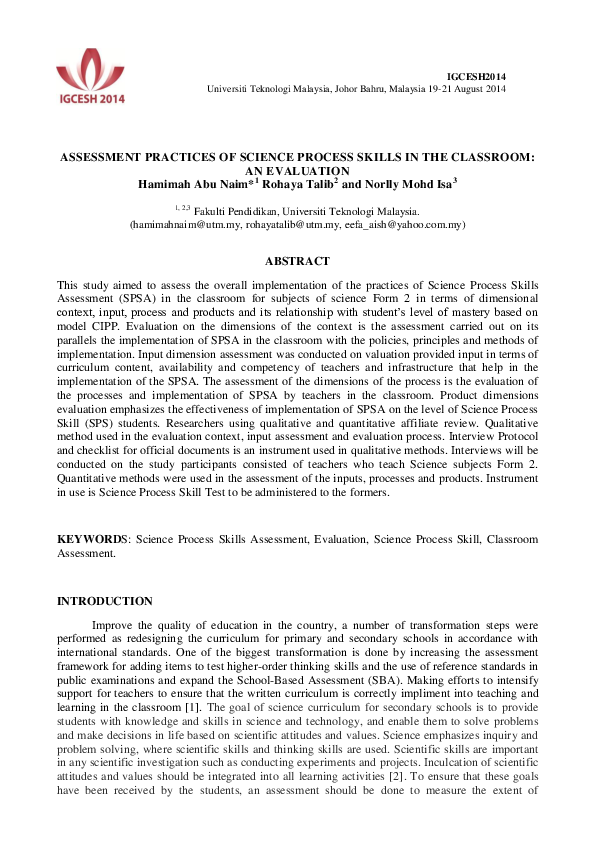 (PDF) Assessment practices of science process skills in the classroom ...