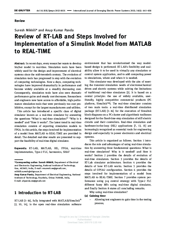 Pdf Review Of Rt Lab And Steps Involved For Implementation Of A Simulink Model From Matlab To