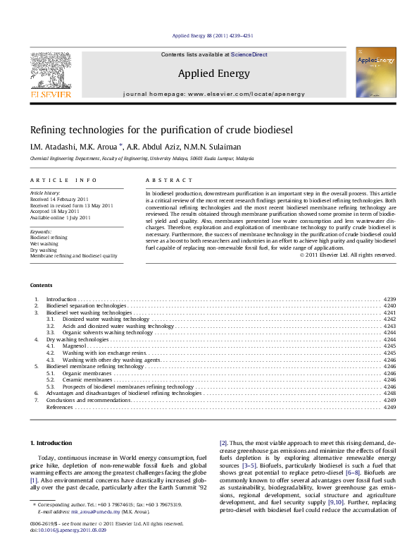 (PDF) Refining technologies for the purification of crude biodiesel ...