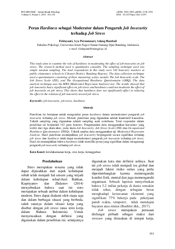 (PDF) Peran Hardiness sebagai Moderator dalam Pengaruh Job Insecurity ...