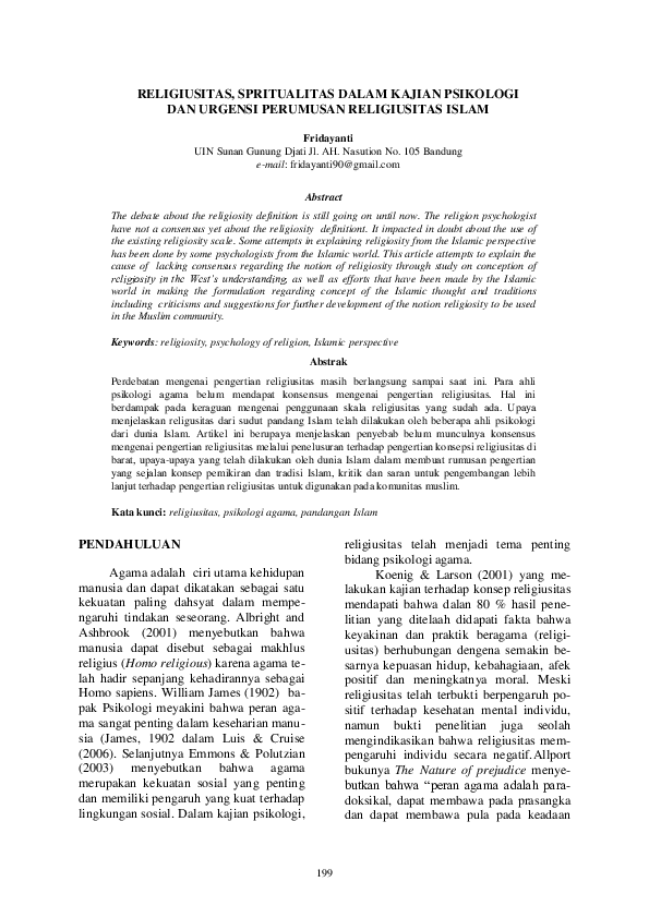 (PDF) Religiusitas, Spiritualitas Dalam Kajian Psikologi Dan Urgensi Perumusan Religiusitas Islam