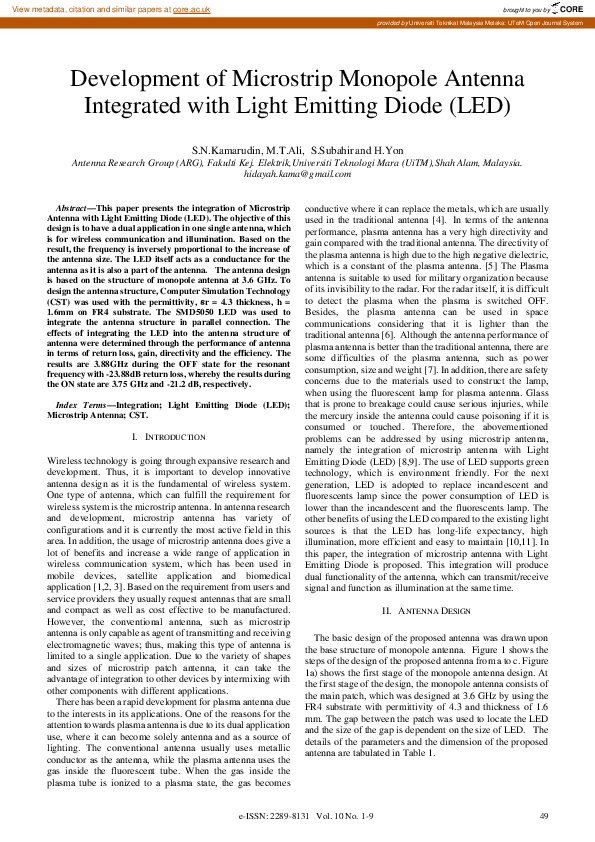 (PDF) Development of microstrip monopole antenna integrated with Light ...