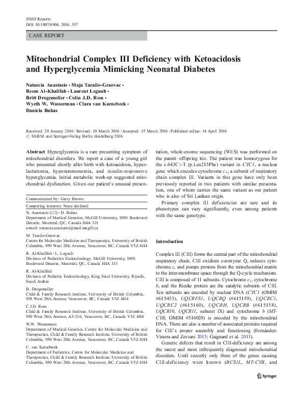 (PDF) Mitochondrial Complex III Deficiency with Ketoacidosis and ...