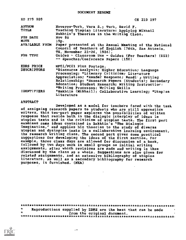 (PDF) Teaching Utopian Literature: Applying Mikhail Bakhtin's Theories ...