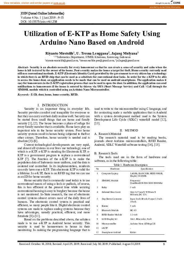 Pdf Utilization Of E Ktp As Home Safety Using Arduino Nano Based On Android Jajang Mulyana