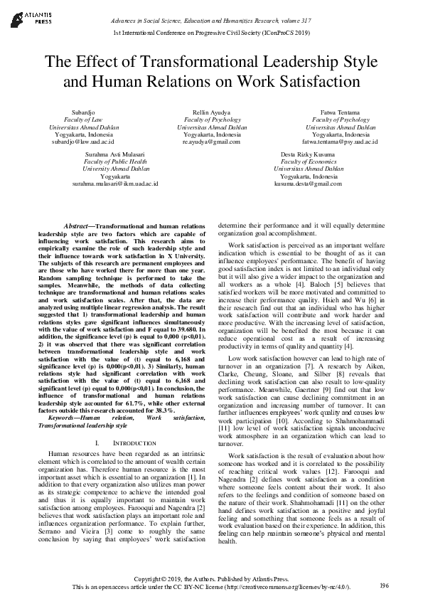 (PDF) The Effect of Transformational Leadership Style and Human Relations on Work Satisfaction