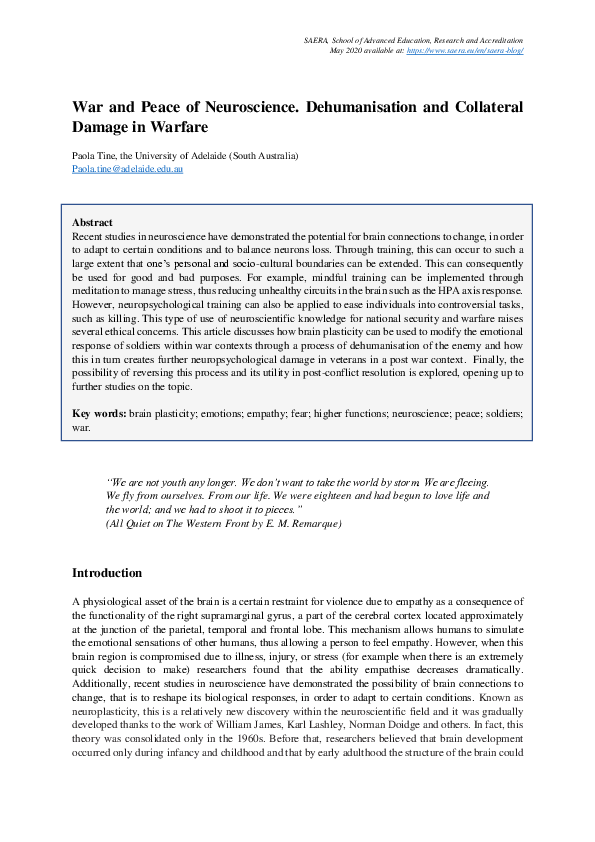 (PDF) War and Peace of Neuroscience. Dehumanisation and Collateral ...