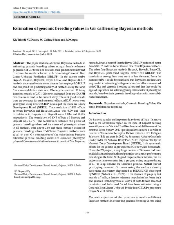 Pdf Estimation Of Genomic Breeding Values In Gir Cattle Using