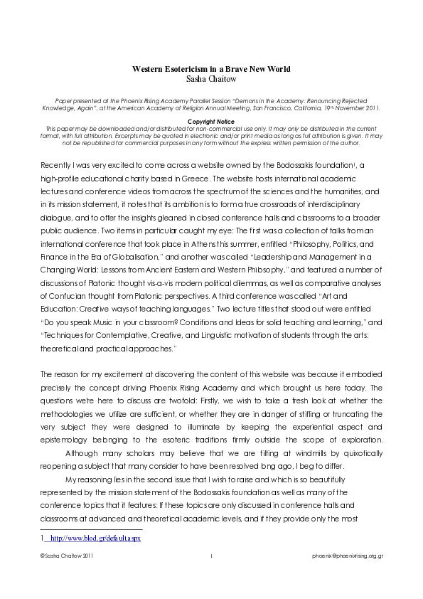 (PDF) Western Esotericism in a Brave New World
