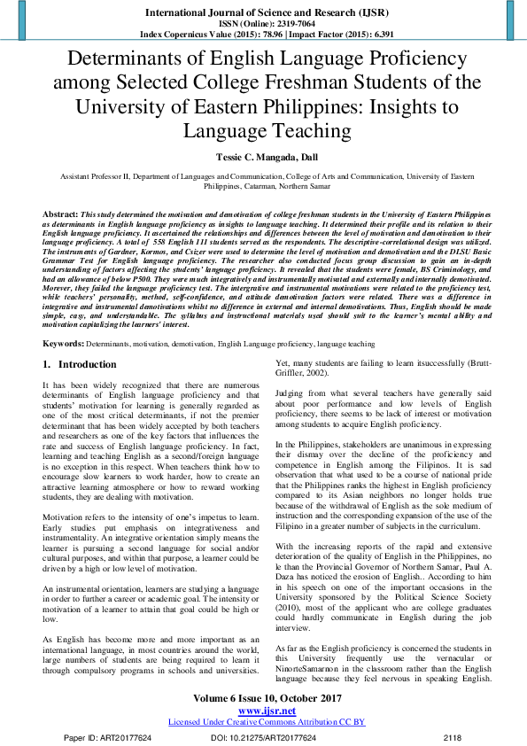 (PDF) Determinants of English Language Proficiency among Selected ...