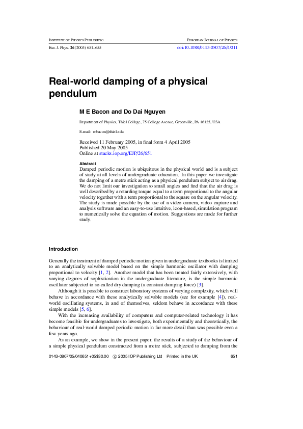 (PDF) Real-world damping of a physical pendulum | Do Hong Nguyen ...