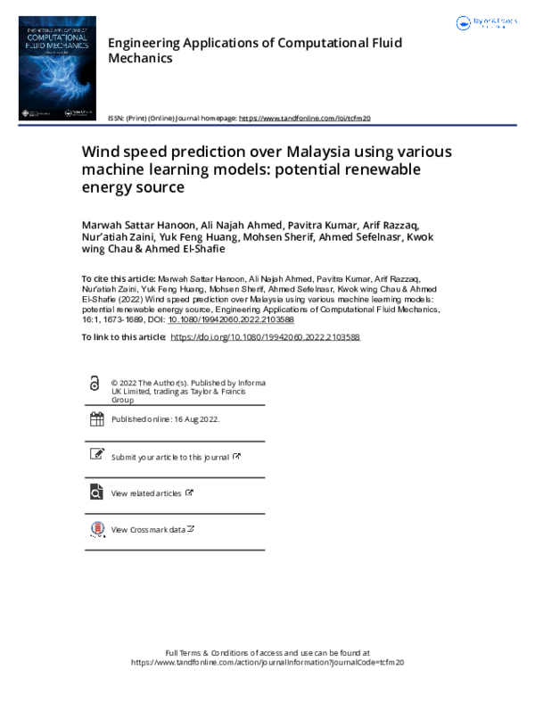 (PDF) Wind speed prediction over Malaysia using various machine learning models: potential ...