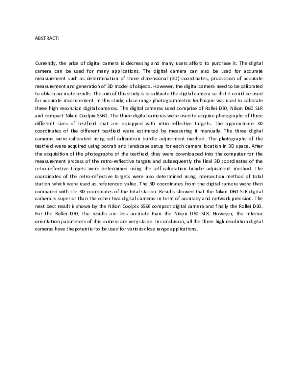 Pdf Calibration Of High Resolution Digital Camera Using Self