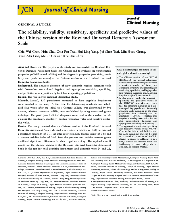 (PDF) The reliability, validity, sensitivity, specificity and predictive values of the Chinese ...
