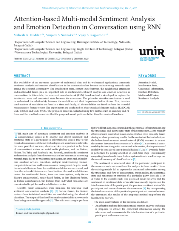 Pdf Attention Based Multi Modal Sentiment Analysis And Emotion Detection In Conversation Using Rnn