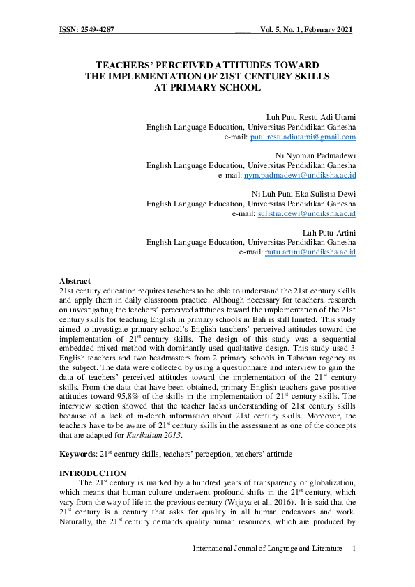 (PDF) Teachers' Attitudes on 21st Century Skills