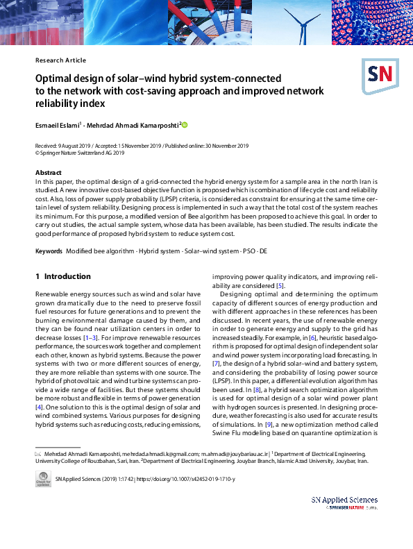 Pdf Optimal Design Of Solar Wind Hybrid System Connected To The