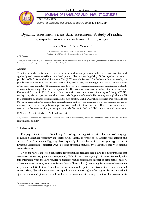 (PDF) Dynamic assessment versus static assessment: A study of reading comprehension ability in ...