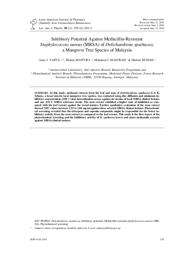 (PDF) Inhibitory potential against methicillin-resistant staphylococcus aureus (MRSA) of ...
