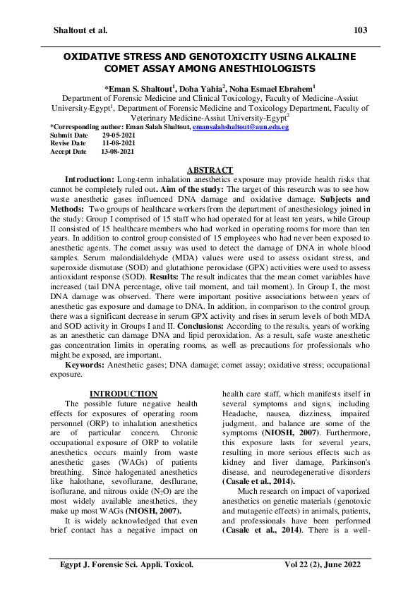 (PDF) Oxidative Stress and Genotoxicity Using Alkaline Comet Assay Among Anesthiologists