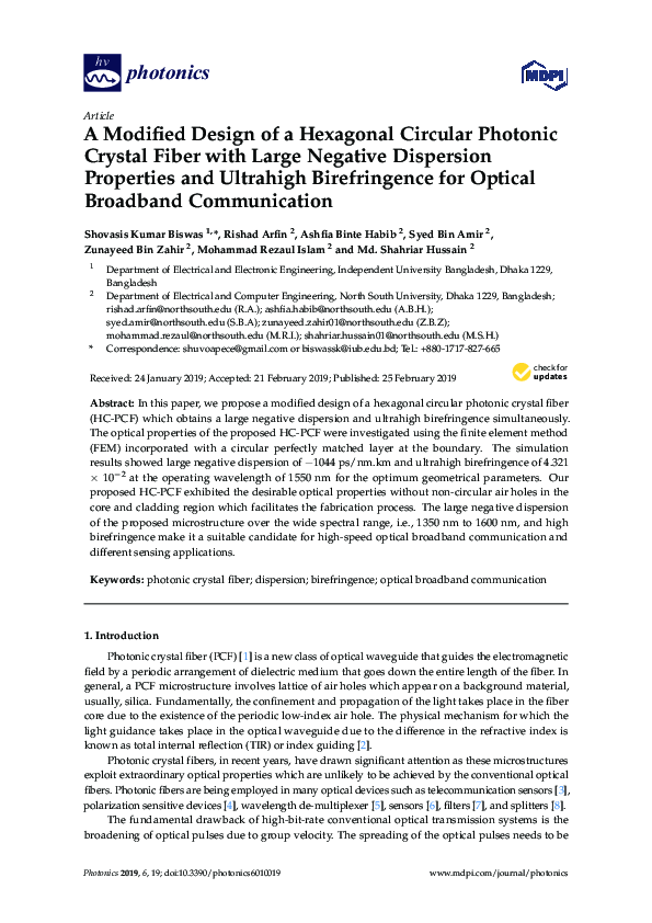 Pdf A Modified Design Of A Hexagonal Circular Photonic Crystal Fiber With Large Negative