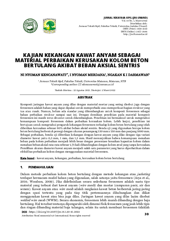 Pdf Kajian Kekangan Kawat Anyam Sebagai Material Perbaikan Kerusakan Kolom Beton Bertulang