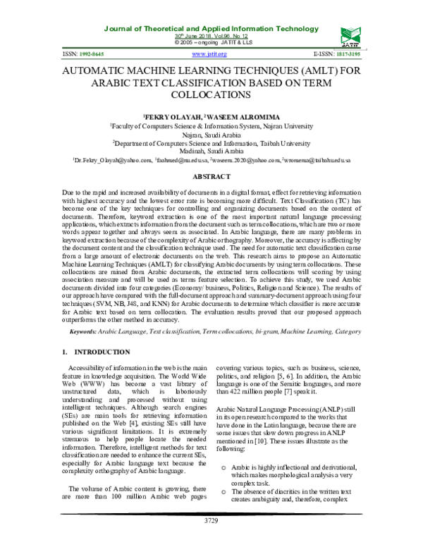 (PDF) Automatic Machine Learning Techniques ( Amlt ) for Arabic Text Classification Based on ...