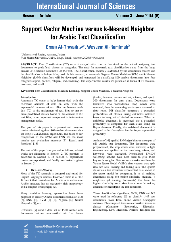 (PDF) Support Vector Machine versus k-Nearest Neighbor for Arabic Text Classification